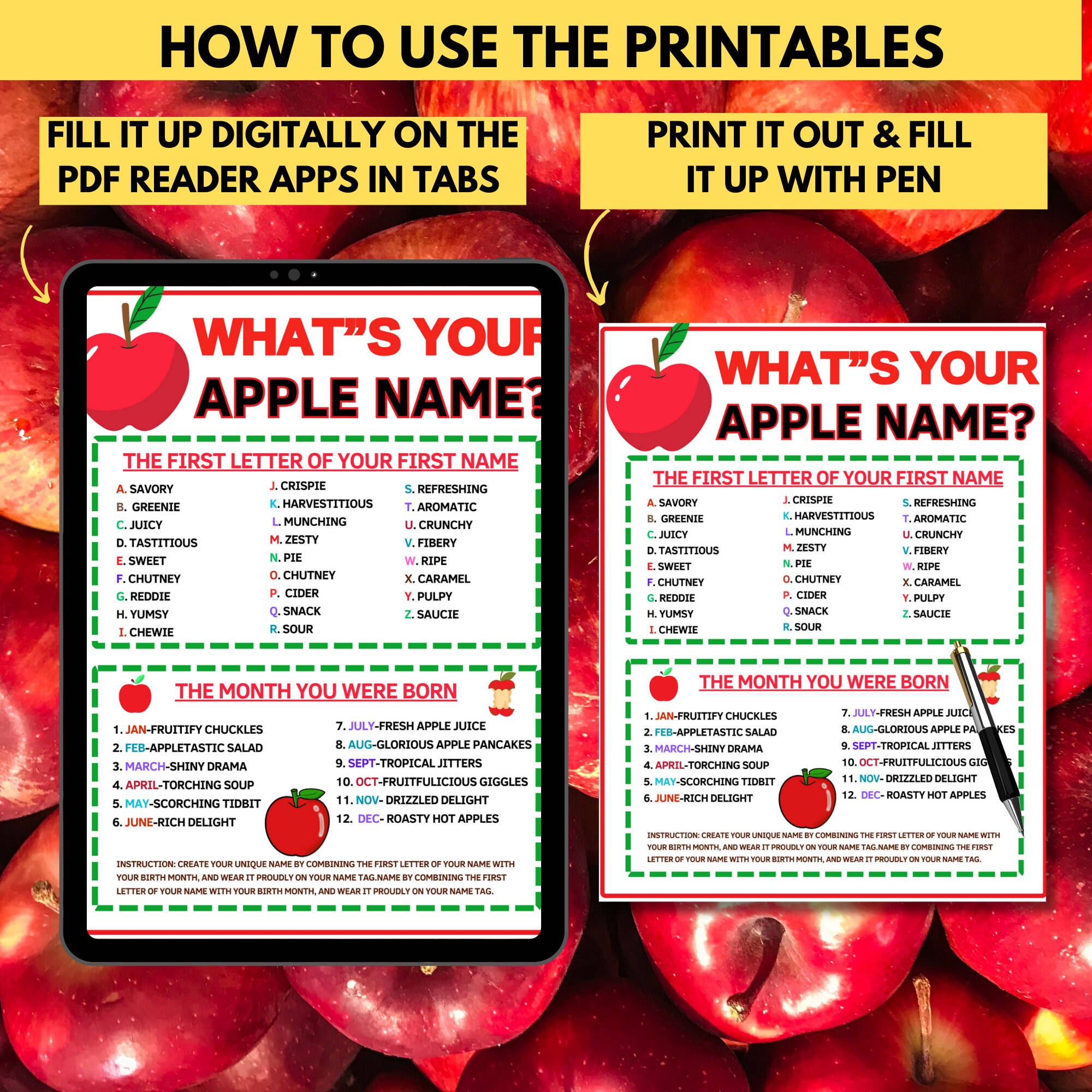 What's Your Apple Name Game WITH Nametags+sign|apple Bar Party Activity ...