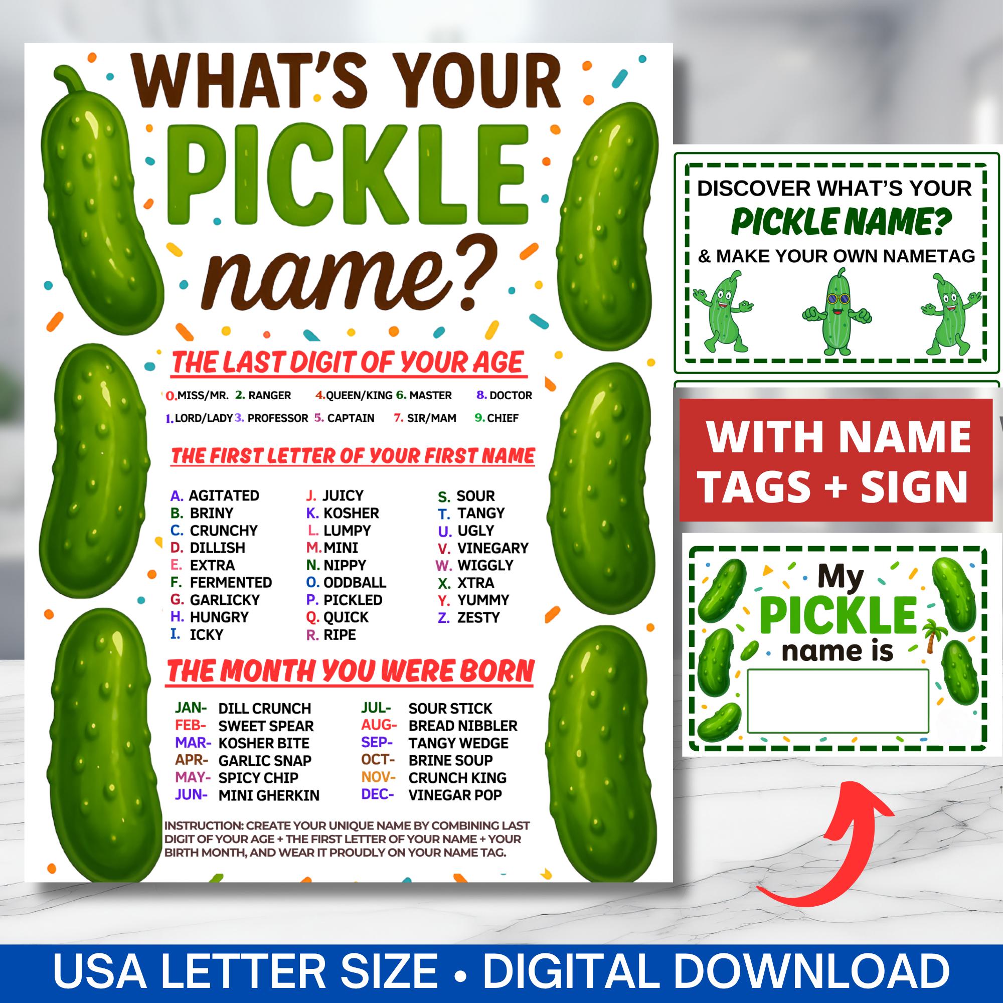 What's Your Pickle Name Game With Nametags & Sign,pickle Birthday Party ...