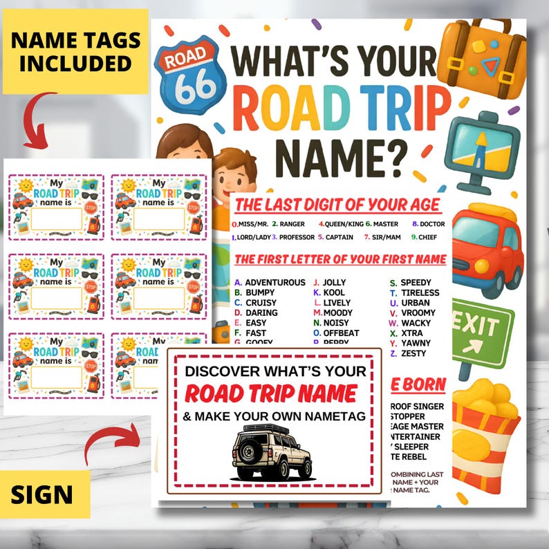 What's Your Road Trip Name Game With Nametags & Sign,camping Fun ...