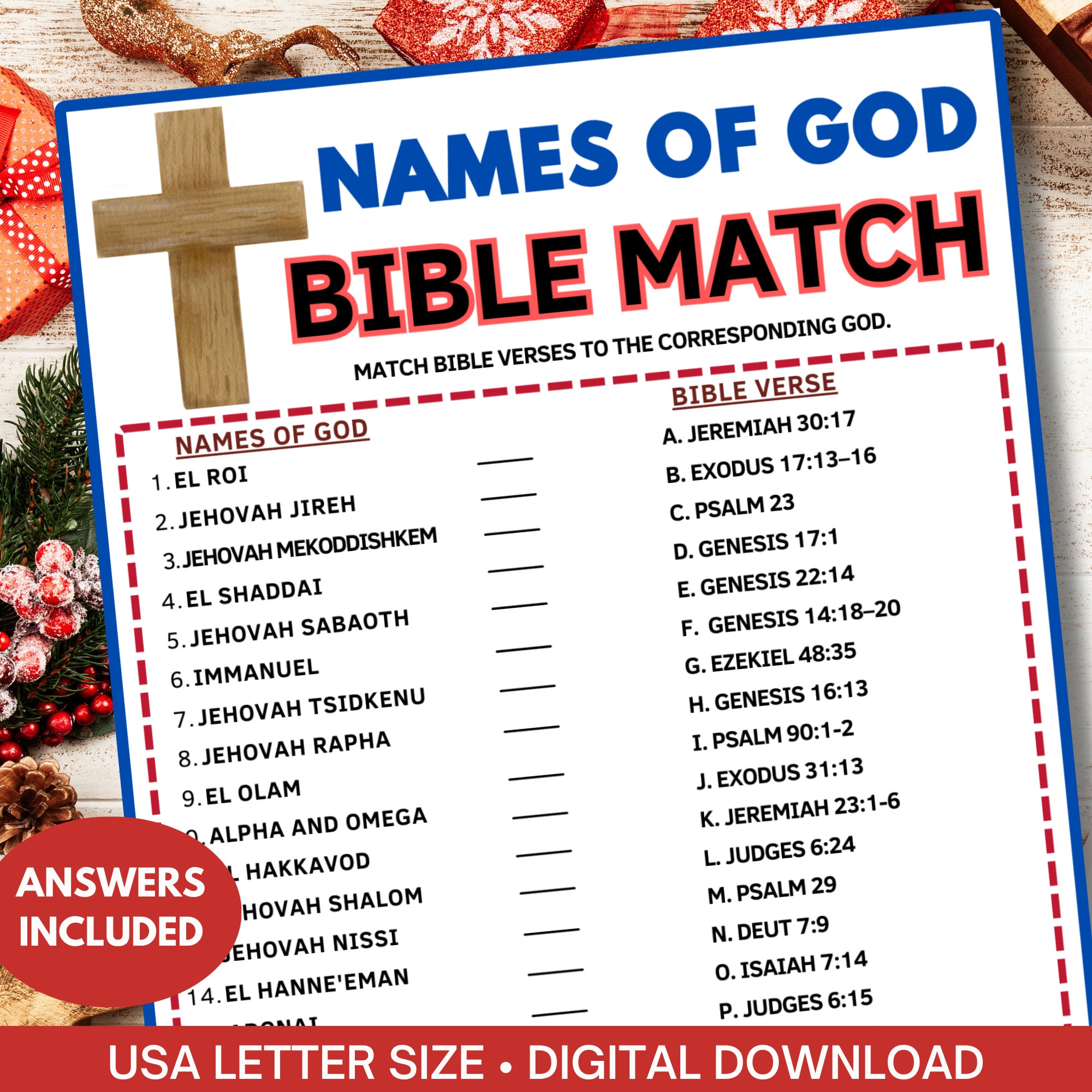 Names of God Bible Match Game|bible Printable Verse Game for Kids+adult ...