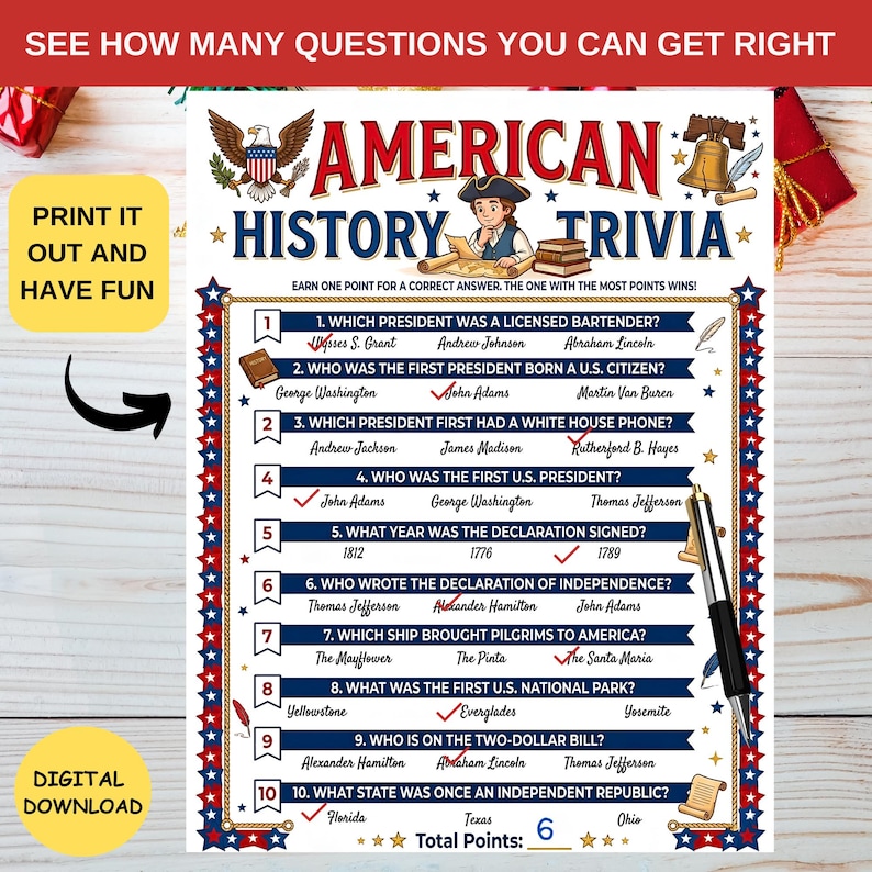 American History Trivia Game Printable,us History Quiz for Kids ...
