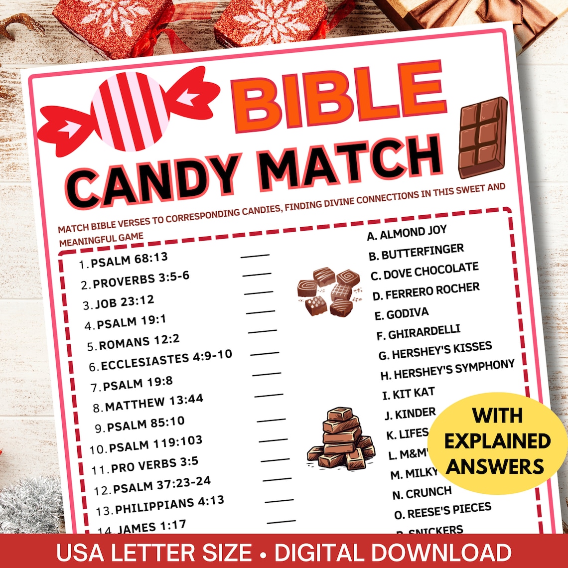 Bible Candy Match Game|bible Printable Games for Kids & Adult|church ...