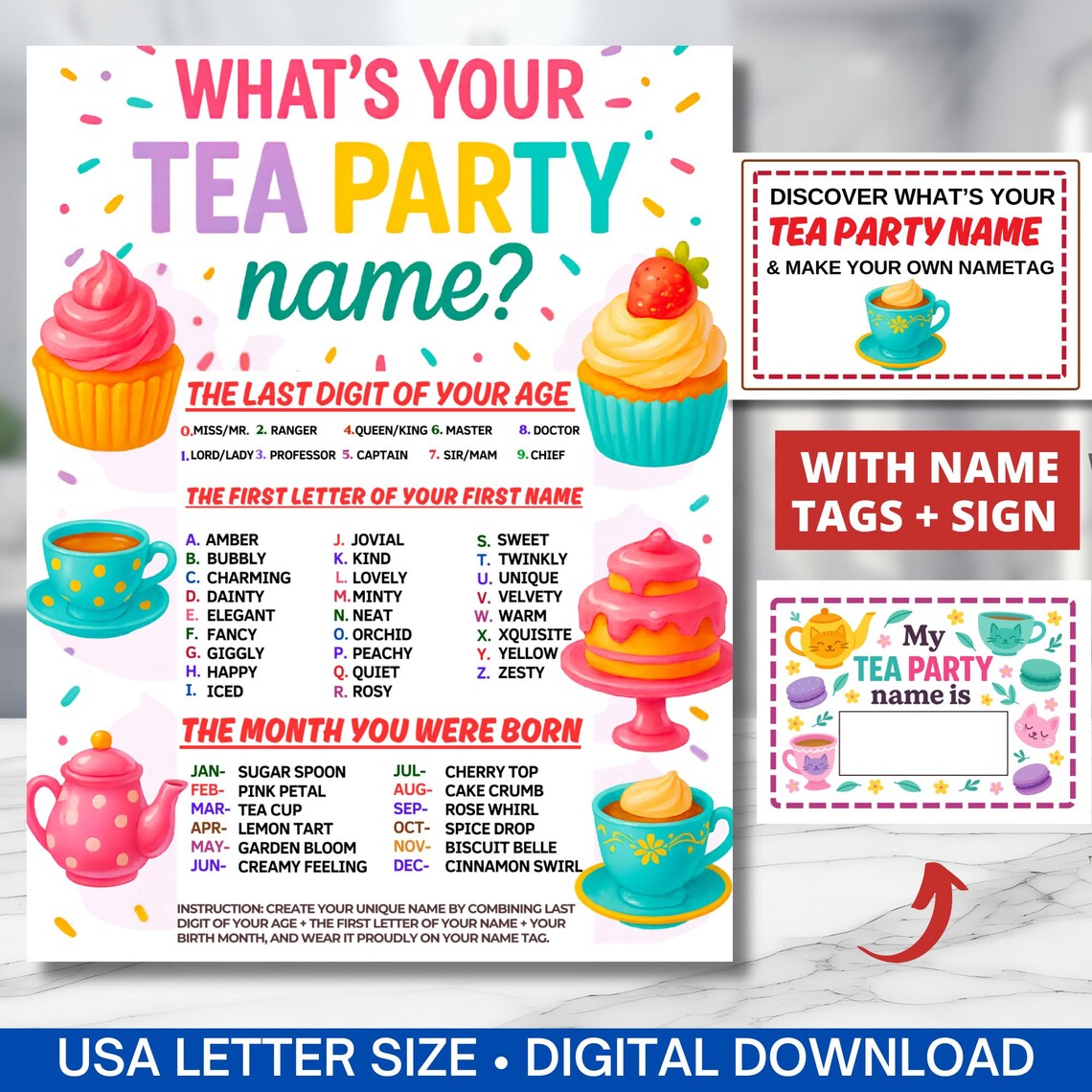 What's Your Tea Party Name Game With Nametags & Sign,birthday Tea Party ...