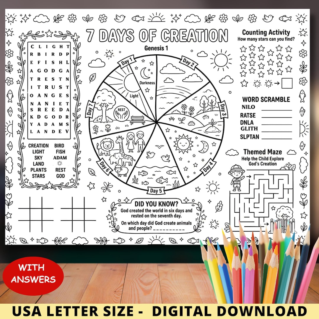 7 Days of Creation Bible Story Activity Placemat,god Made the World ...