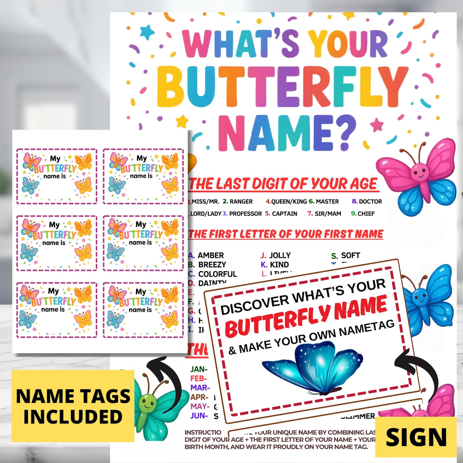 What's Your Butterfly Name Game With Nametags & Sign,birthday Party ...