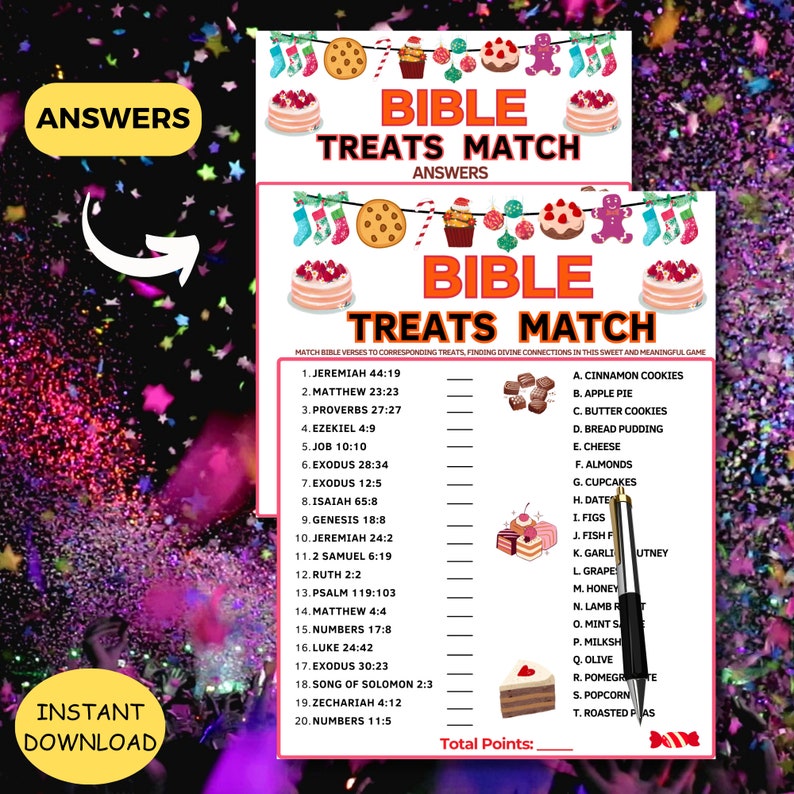 Bible Treats Match Game|bible Printable Game for Kids & Adult|church ...