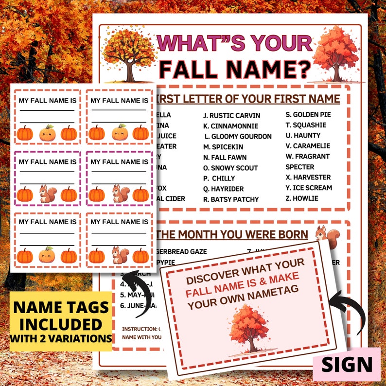 What's Your Fall Name Game With Name Tags & Sign, Fall Name Generator ...