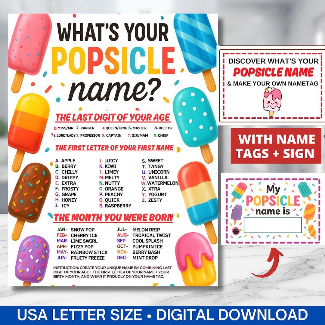 What's Your Popsicle Name Game With Nametags & Sign,ice Cream Party ...