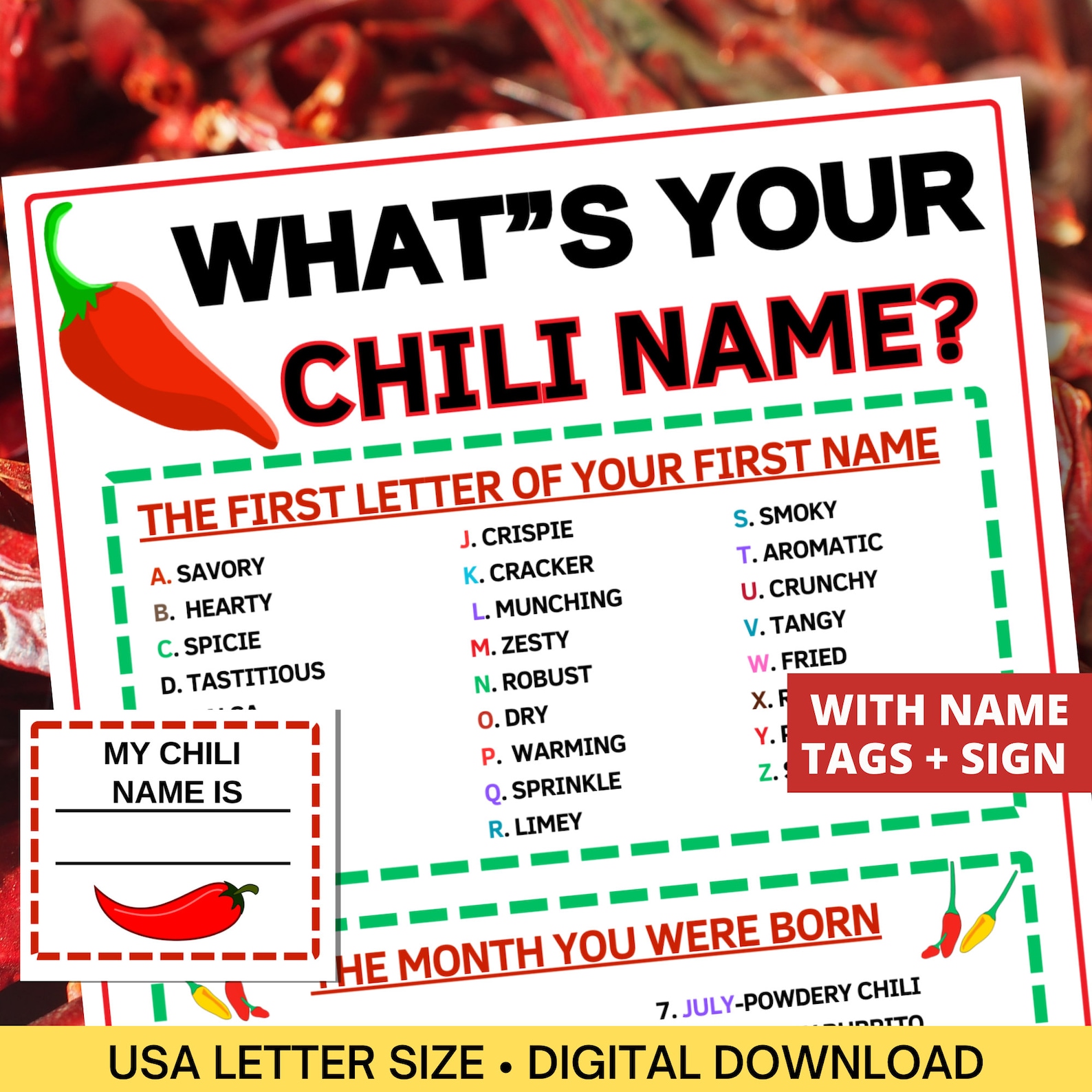 What's Your Chili Name Game With Nametags & Sign,christmas+birthday ...
