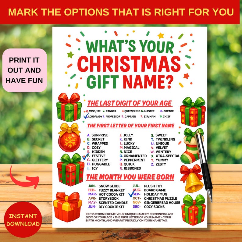 What's Your Christmas Gift Name Game With Name Tags & Sign,christmas ...