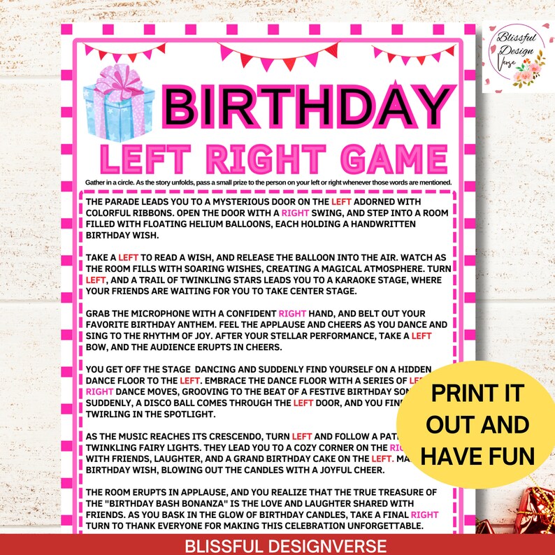 Pink Birthday Left Right Story Game|girls Birthday Party Printable Game ...
