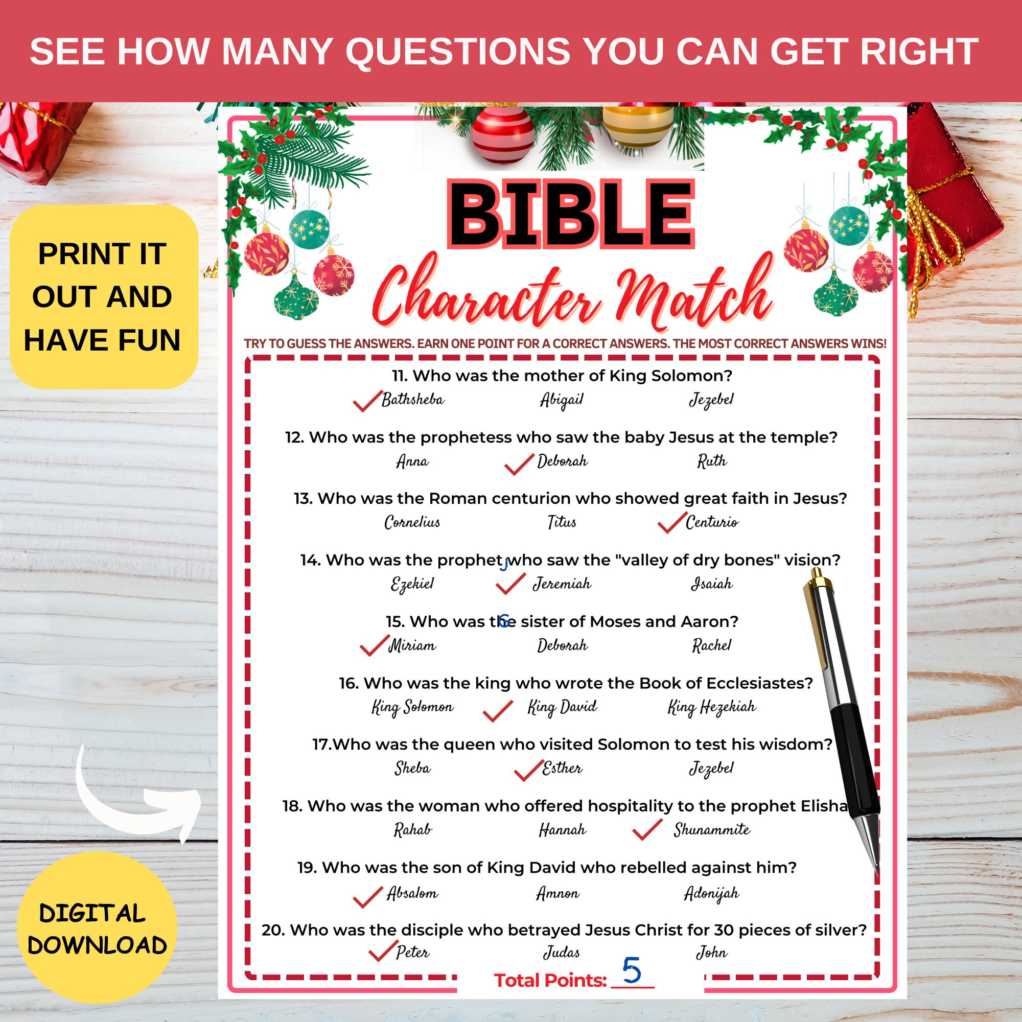 Bible Character Match Trivia Game|christmas Party Printable Game|church ...