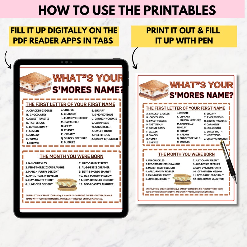 What's Your S'mores Name Game With Nametags+sign|s'mores Birthday Party ...