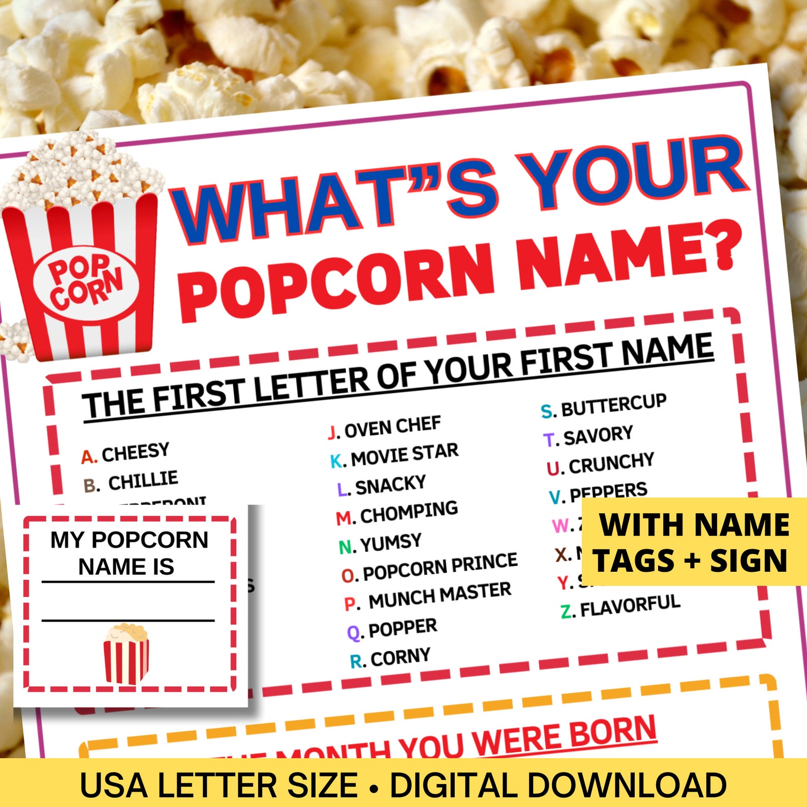 What's Your Popcorn Name Game With Name Tags & Sign|birthday Party ...