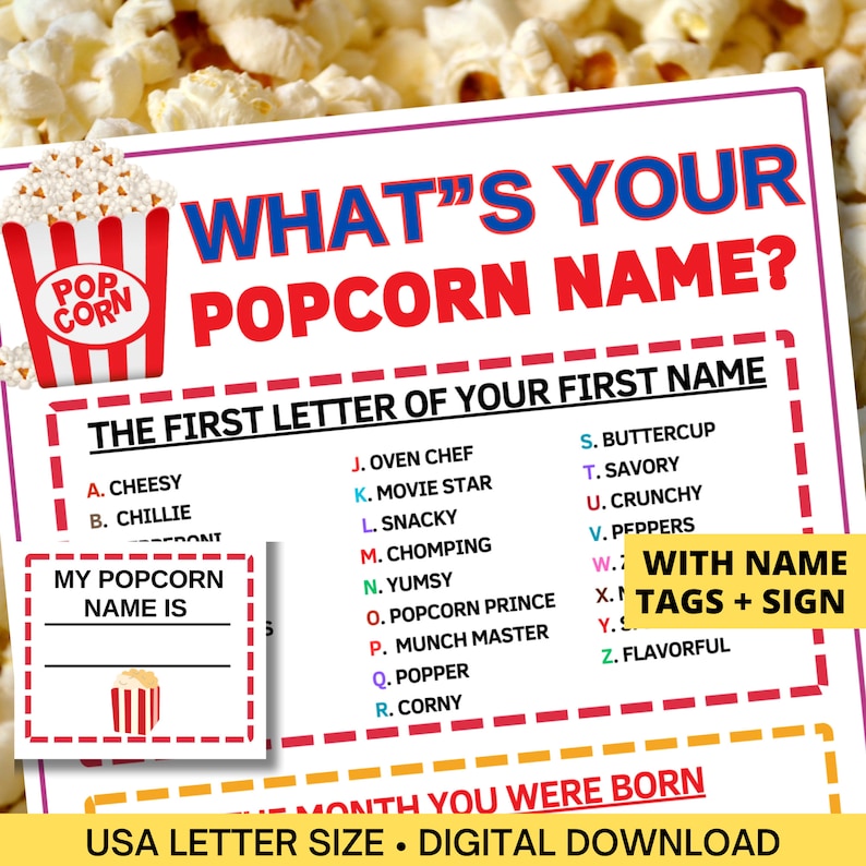 What's Your Popcorn Name Game With Name Tags & Sign|birthday Party ...