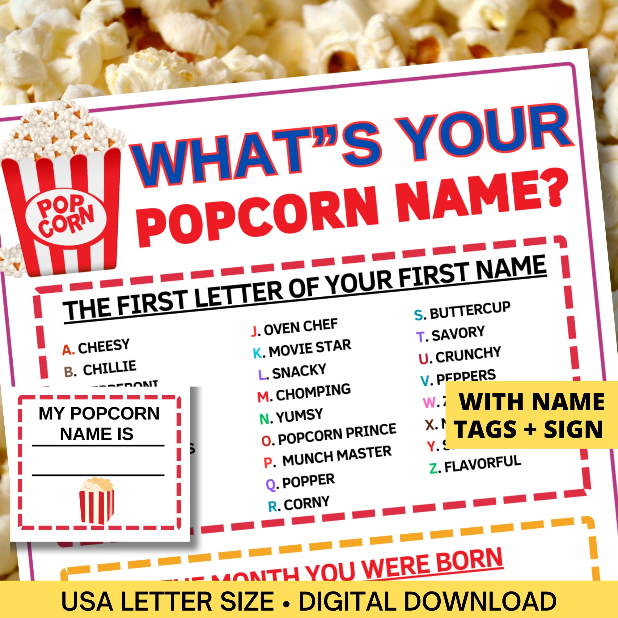 What's Your Popcorn Name Game With Name Tags & Sign|birthday Party ...