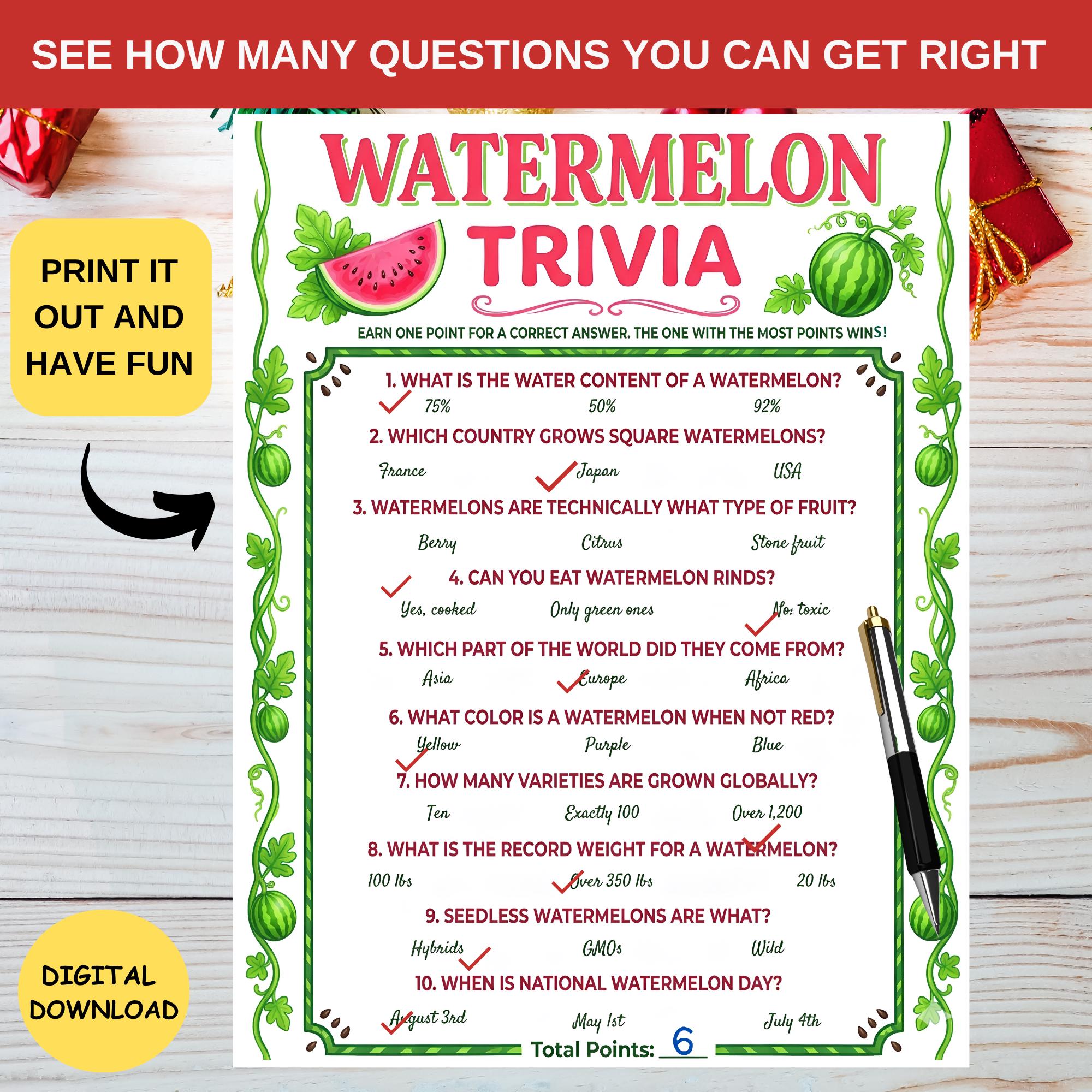 Watermelon Trivia Game Printable,summer Picnic Party Quiz for Kids,teen ...