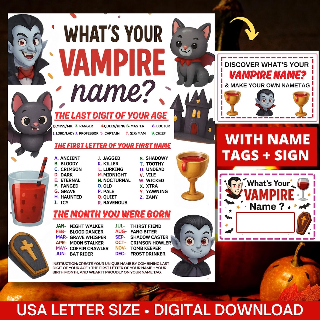 What's Your Vampire Name Game With Nametags & Sign,spooky Birthday ...