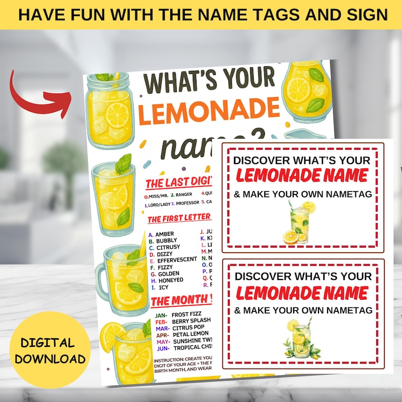 What's Your Lemonade Name Game With Nametags & Sign,birthday Games ...