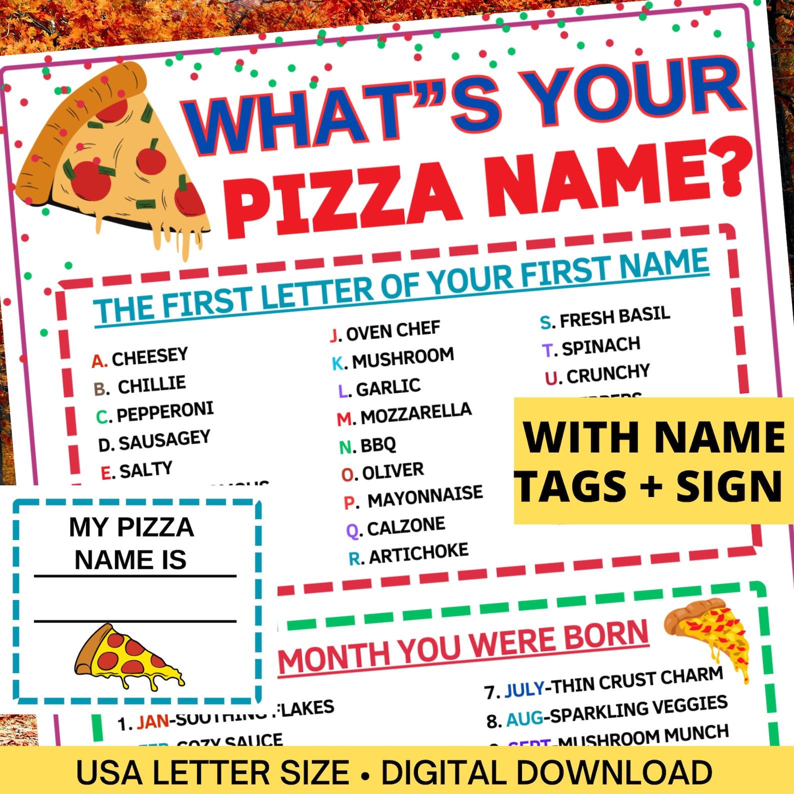 What's Your Pizza Name Game With Sign & Nametag, Birthday Party Name ...
