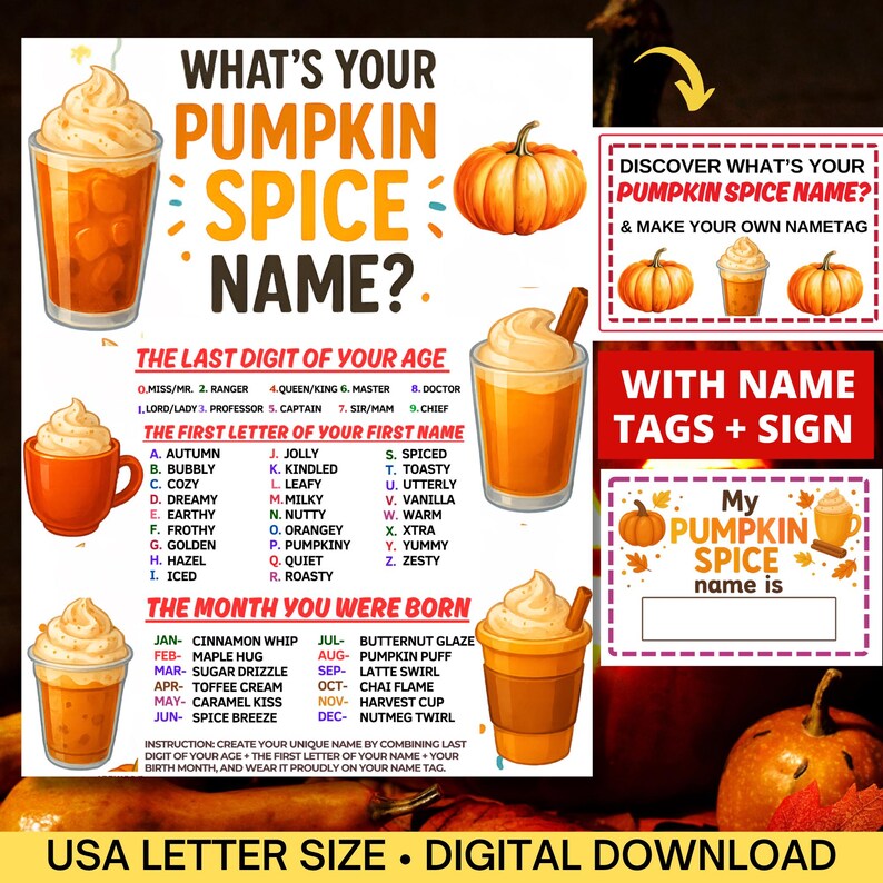 What's Your Pumpkin Spice Name Game With Nametags,halloween Party Game ...