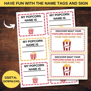 What's Your Popcorn Name Game With Name Tags & Sign|birthday Party ...