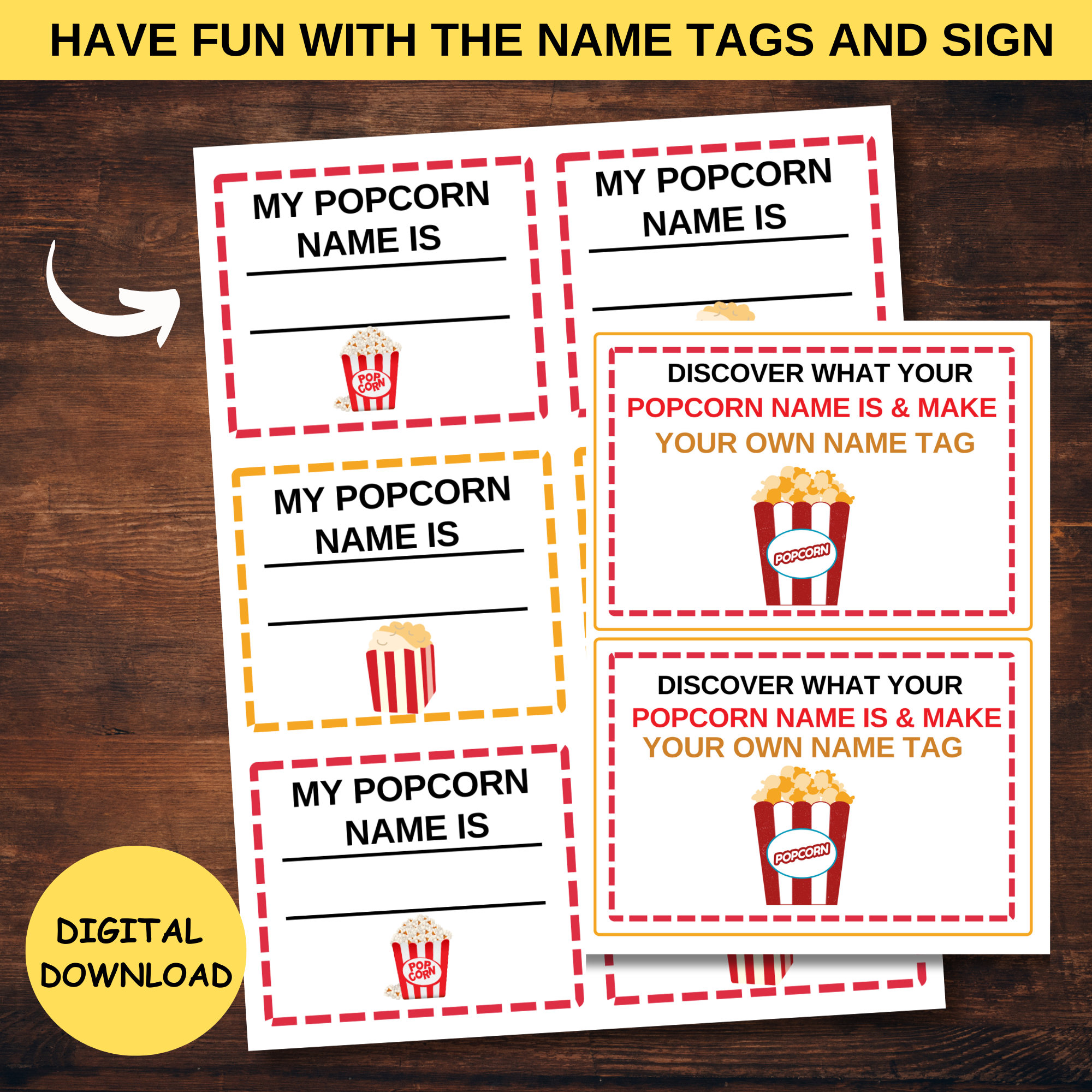 What's Your Popcorn Name Game With Name Tags & Sign|birthday Party ...