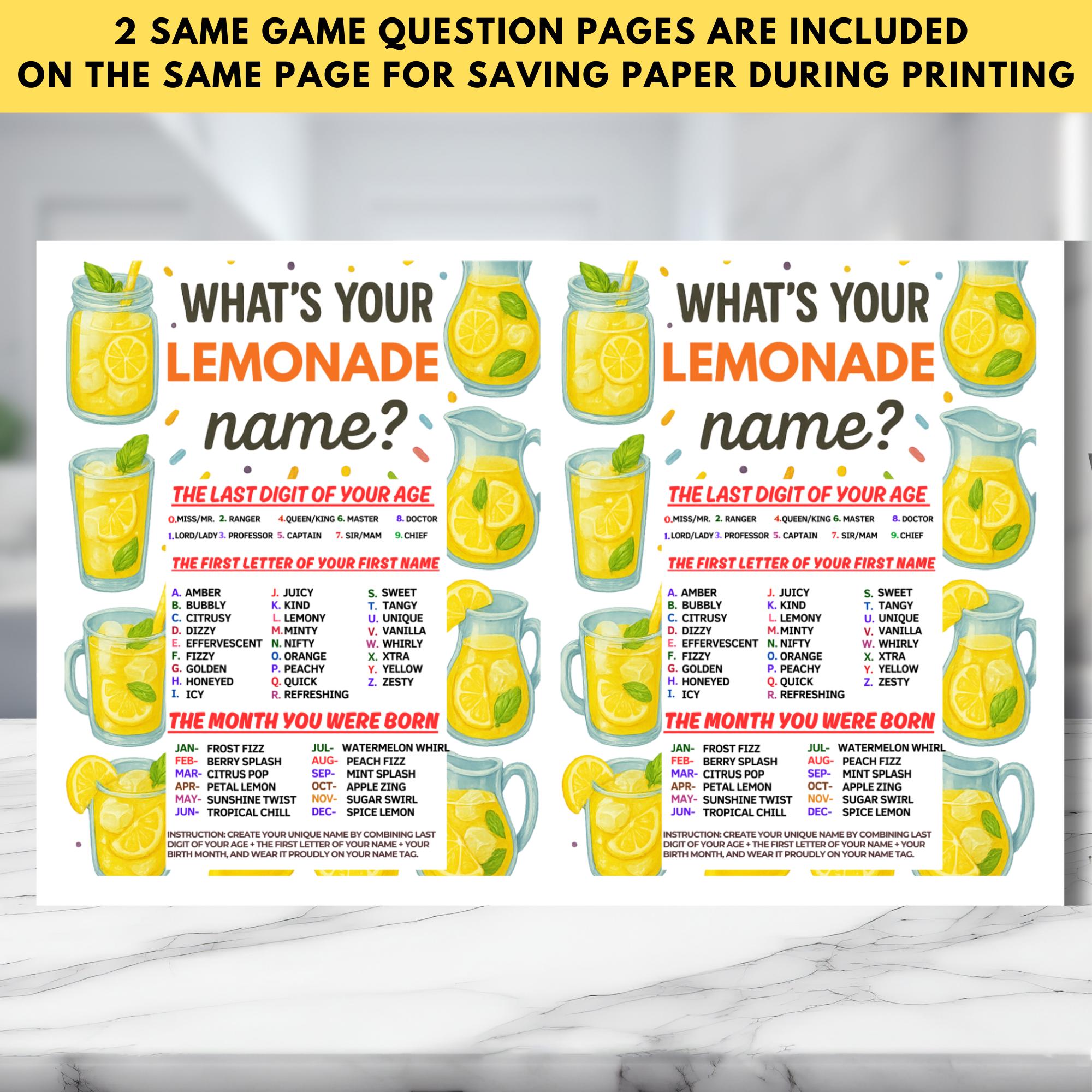 What's Your Lemonade Name Game With Nametags & Sign,birthday Games ...