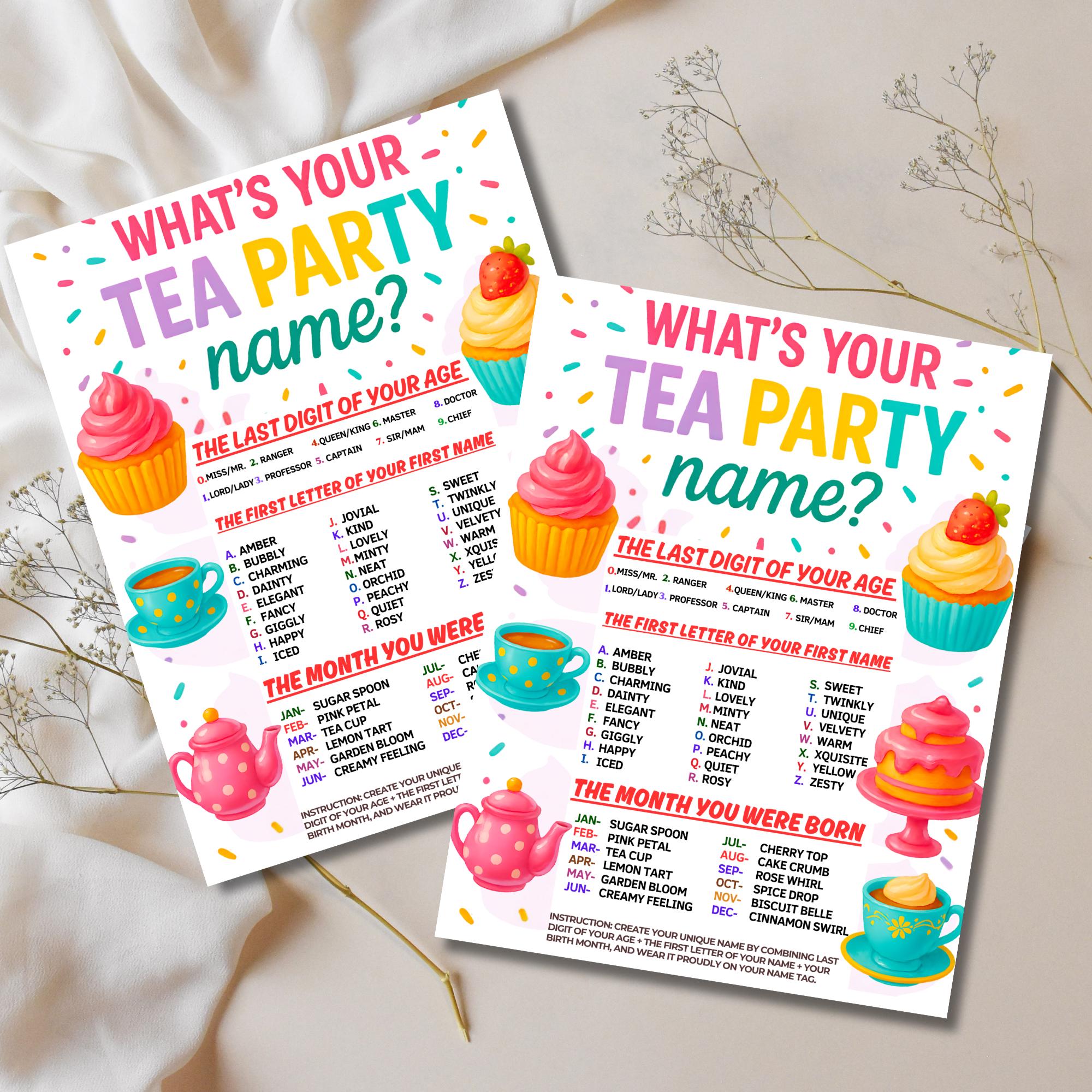 What's Your Tea Party Name Game With Nametags & Sign,birthday Tea Party ...