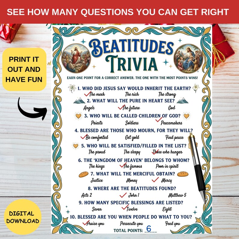 The Beatitudes Trivia Game Printable,biblical History Quiz,new ...
