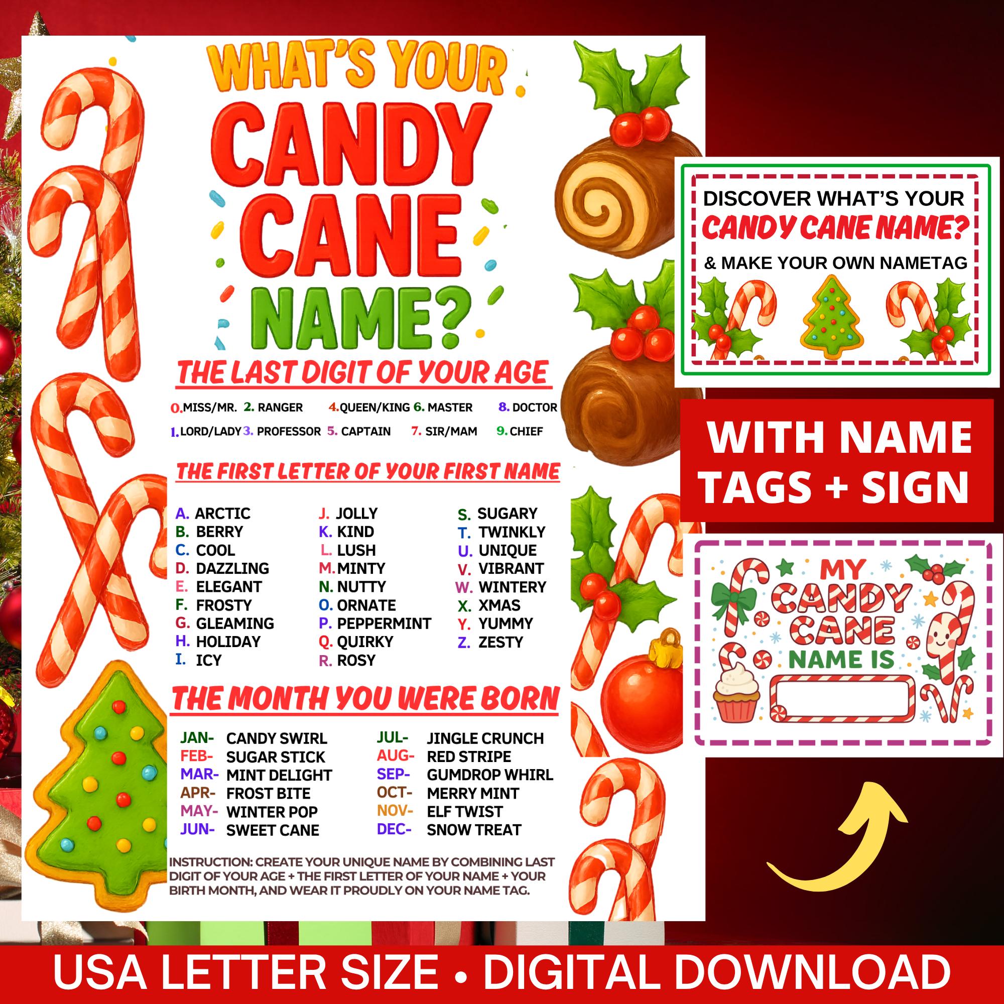 What's Your Candy Cane Name Game With Name Tags & Sign,christmas Party ...
