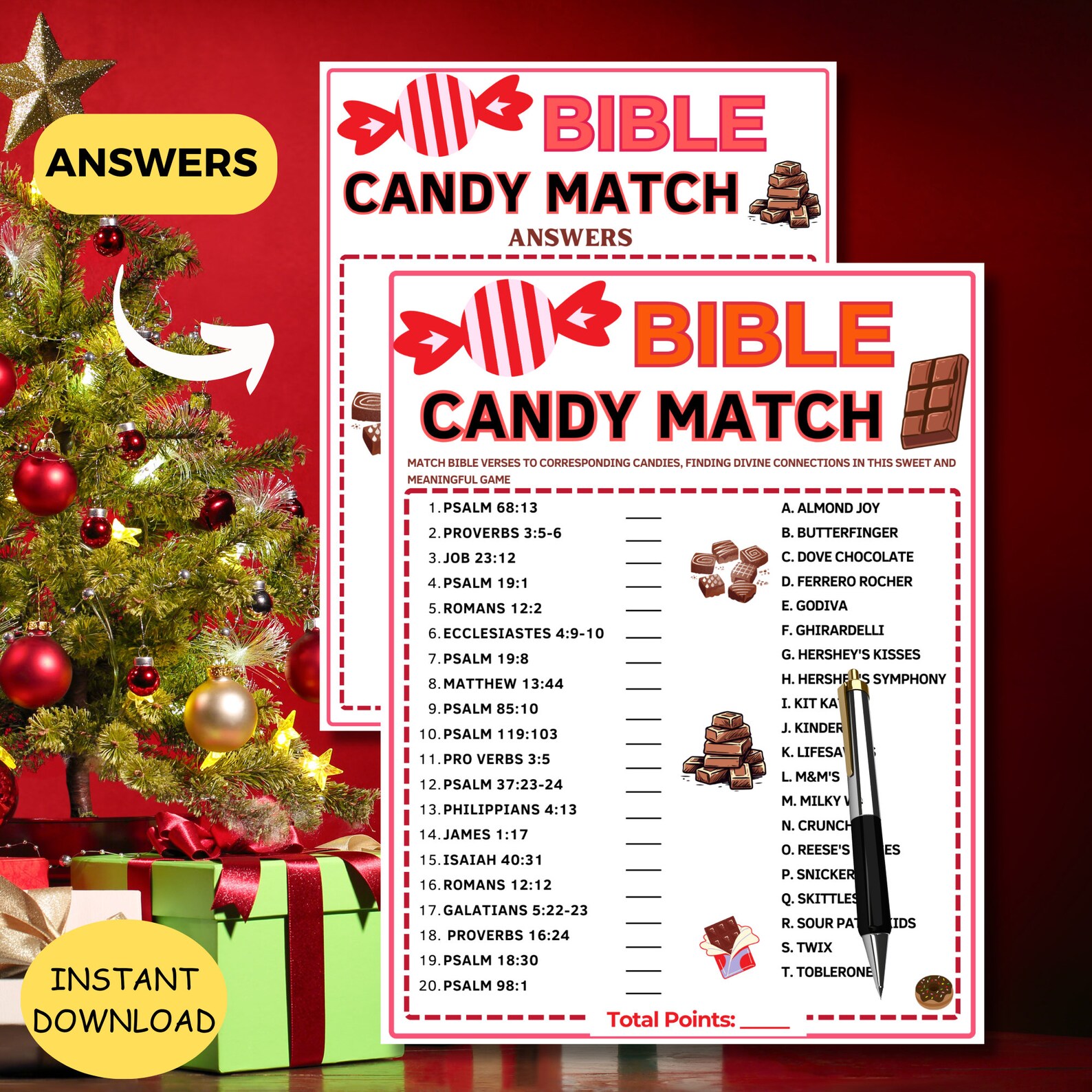 Bible Candy Match Game|bible Printable Games for Kids & Adult|church ...
