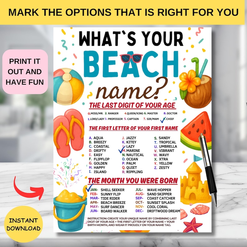 What's Your Beach Name Game With Nametags & Sign,birthday + Summer ...