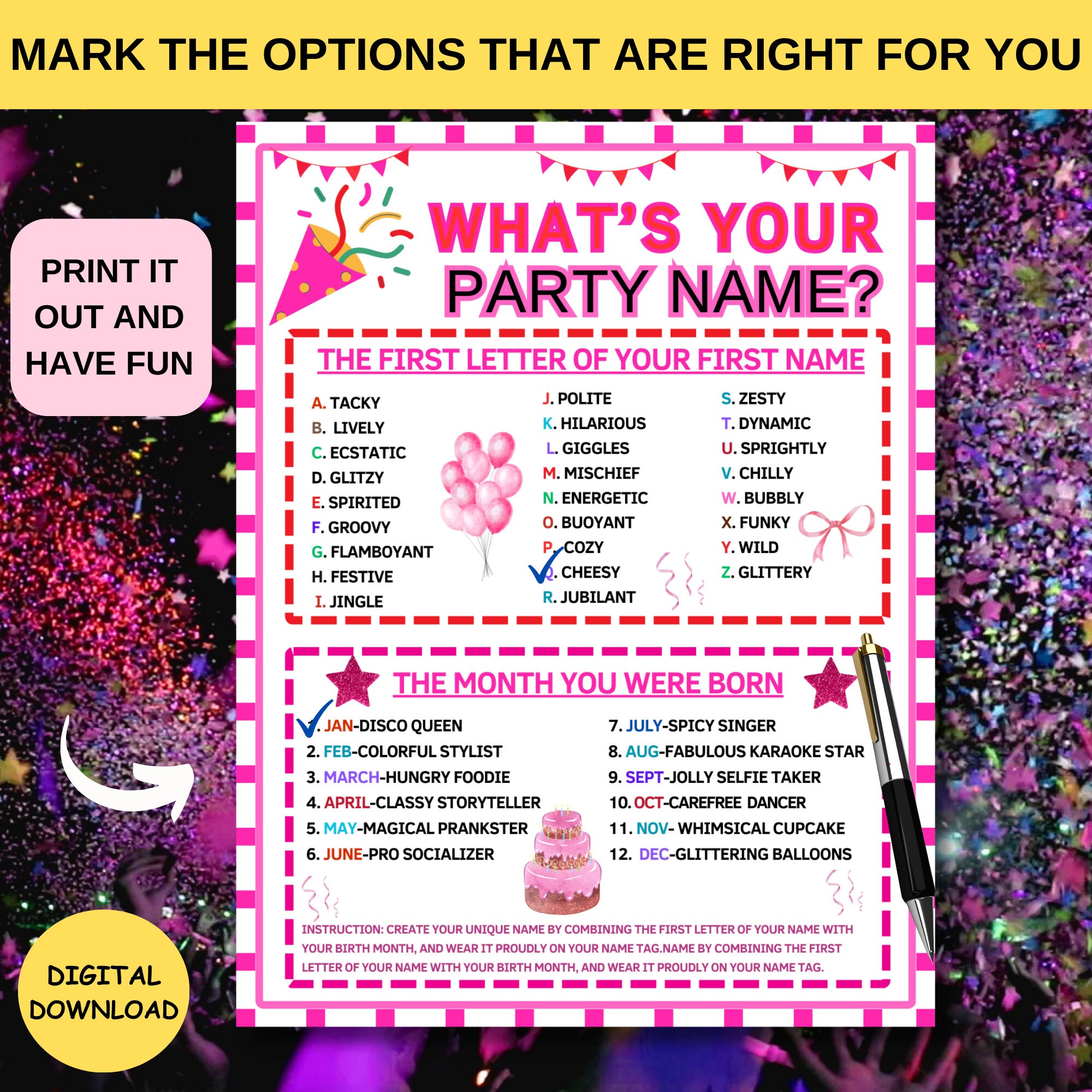 What's Your Party Name Game With Name Tags & Sign| Pink Girl Birthday ...