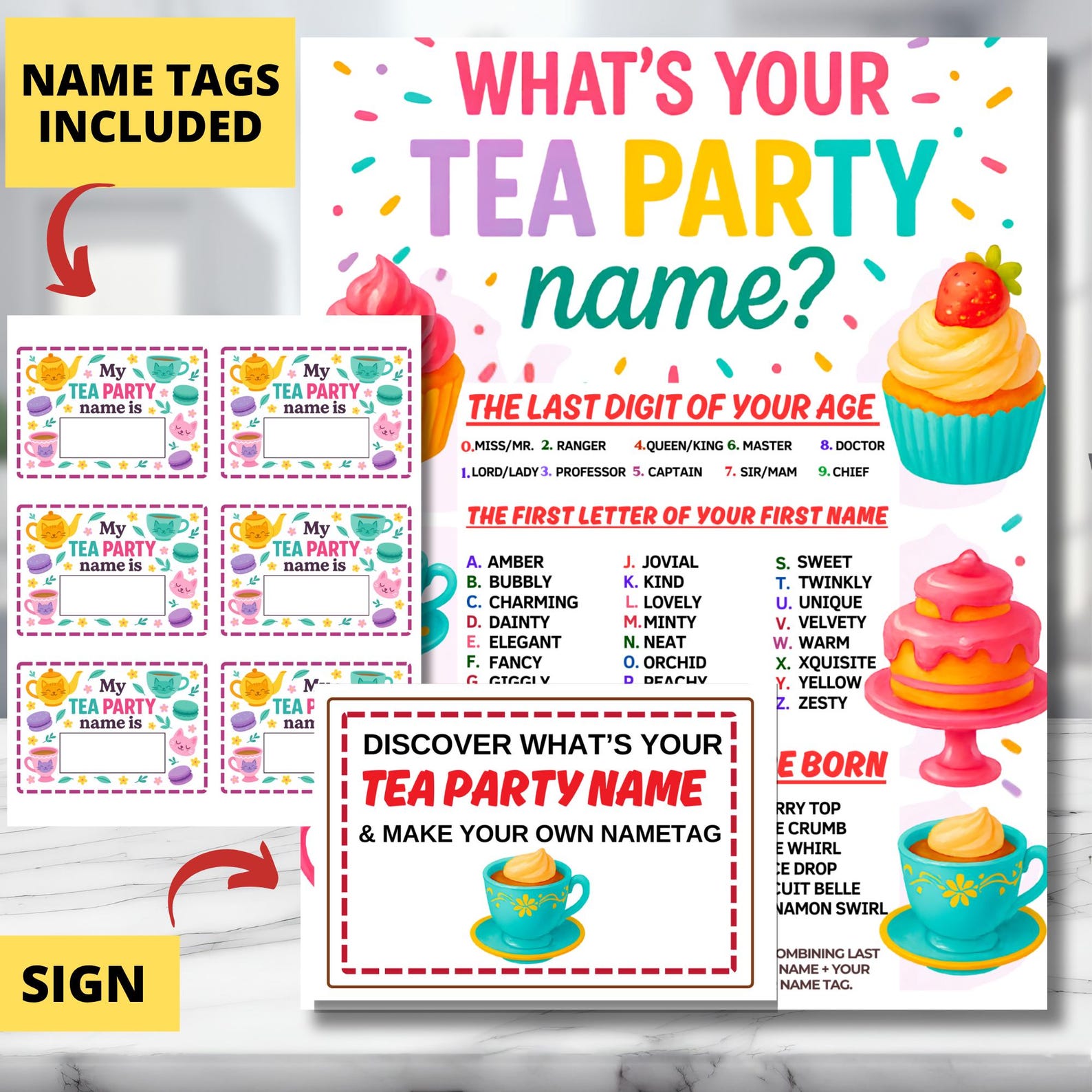 What's Your Tea Party Name Game With Nametags & Sign,birthday Tea Party ...