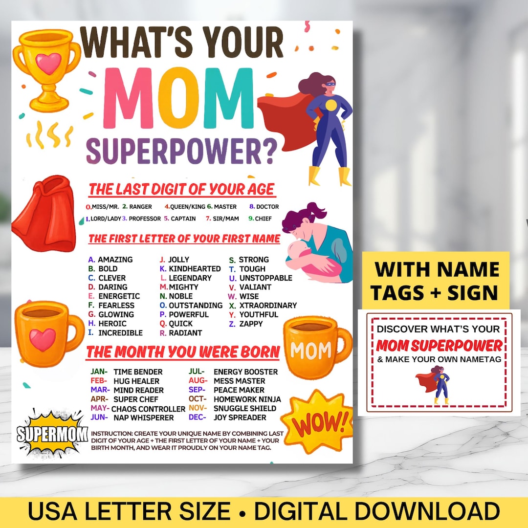 What's Your Mom Superpower Game With Nametags & Sign,mother's Day Party ...