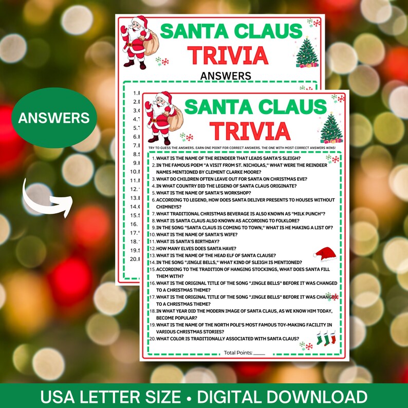 Santa Claus Trivia Party Game| Christmas Party Trivia Printable Game ...