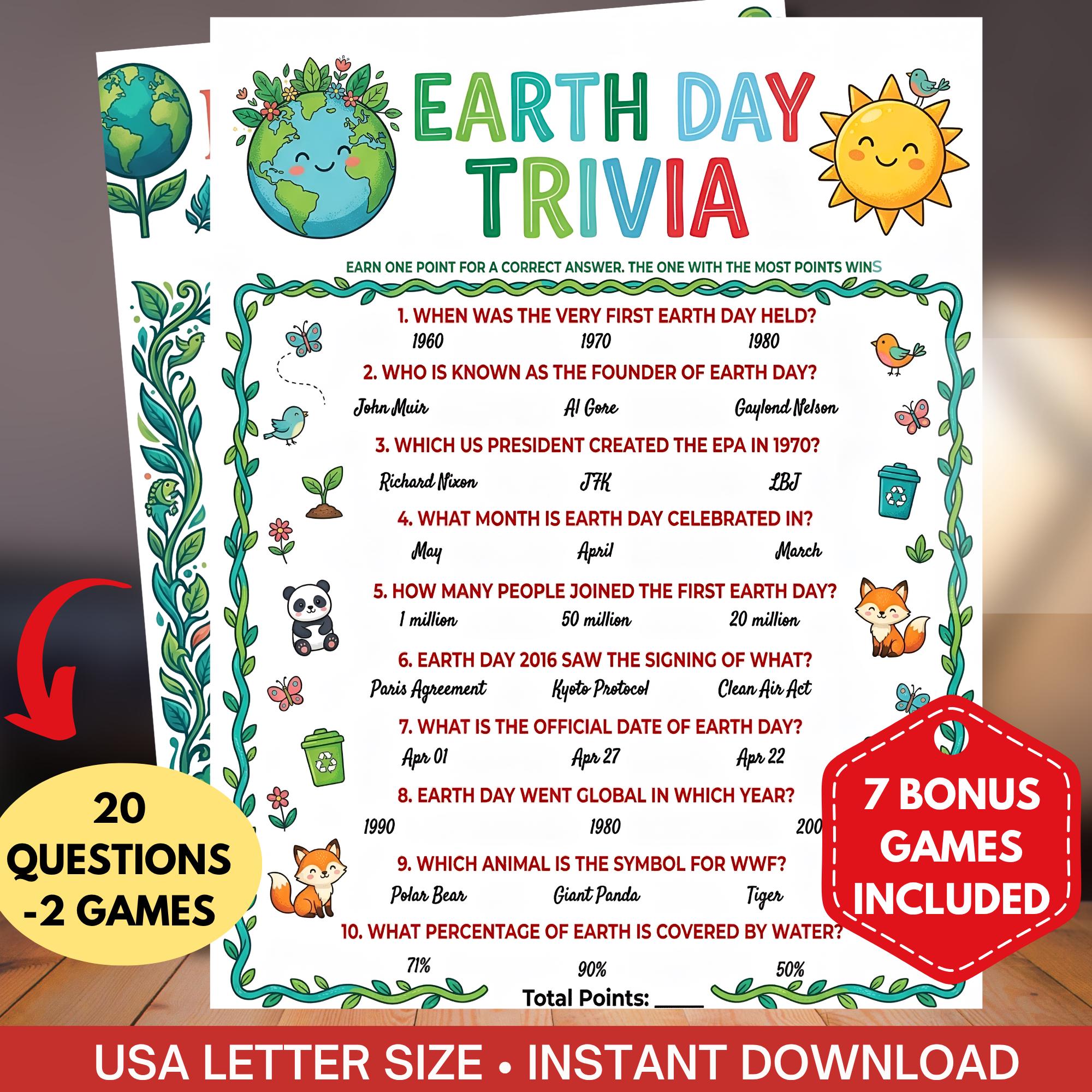 Earth Day Trivia Printable Party Game,environment Quiz for Kids ...