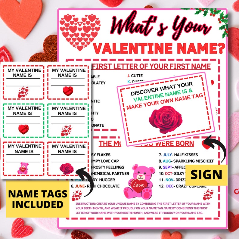 What's Your Valentine Name Game With Nametags & Signfunny Valentine's ...