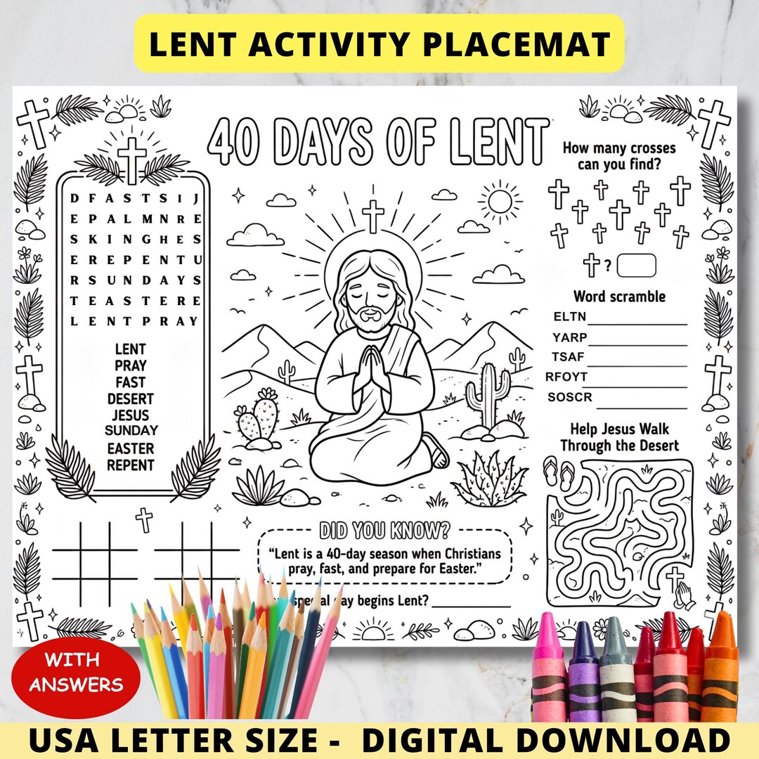 40 Days of Lent Bible Activity Placemat Craft,lent Sunday School Lenten ...