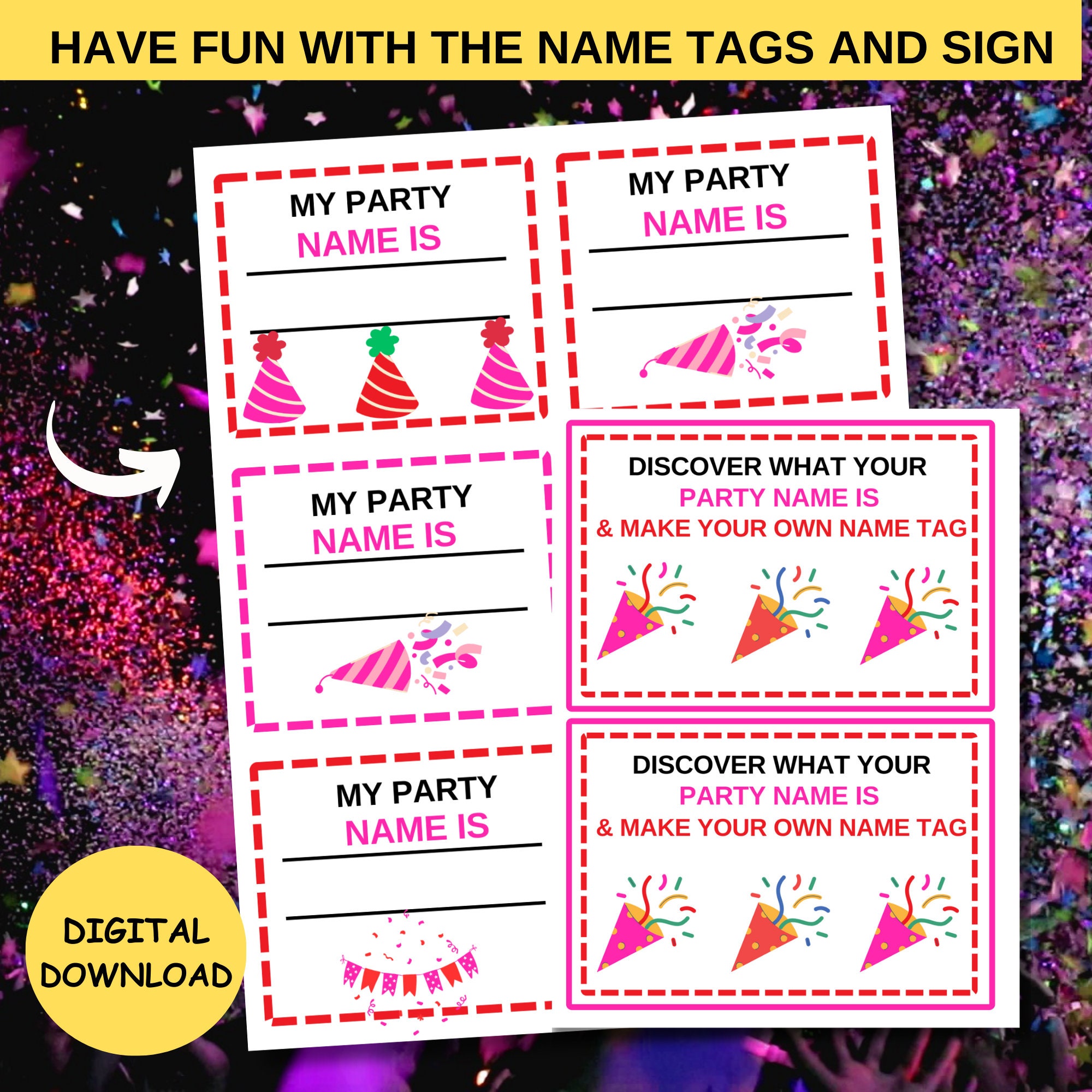 What's Your Party Name Game With Name Tags & Sign| Pink Girl Birthday ...
