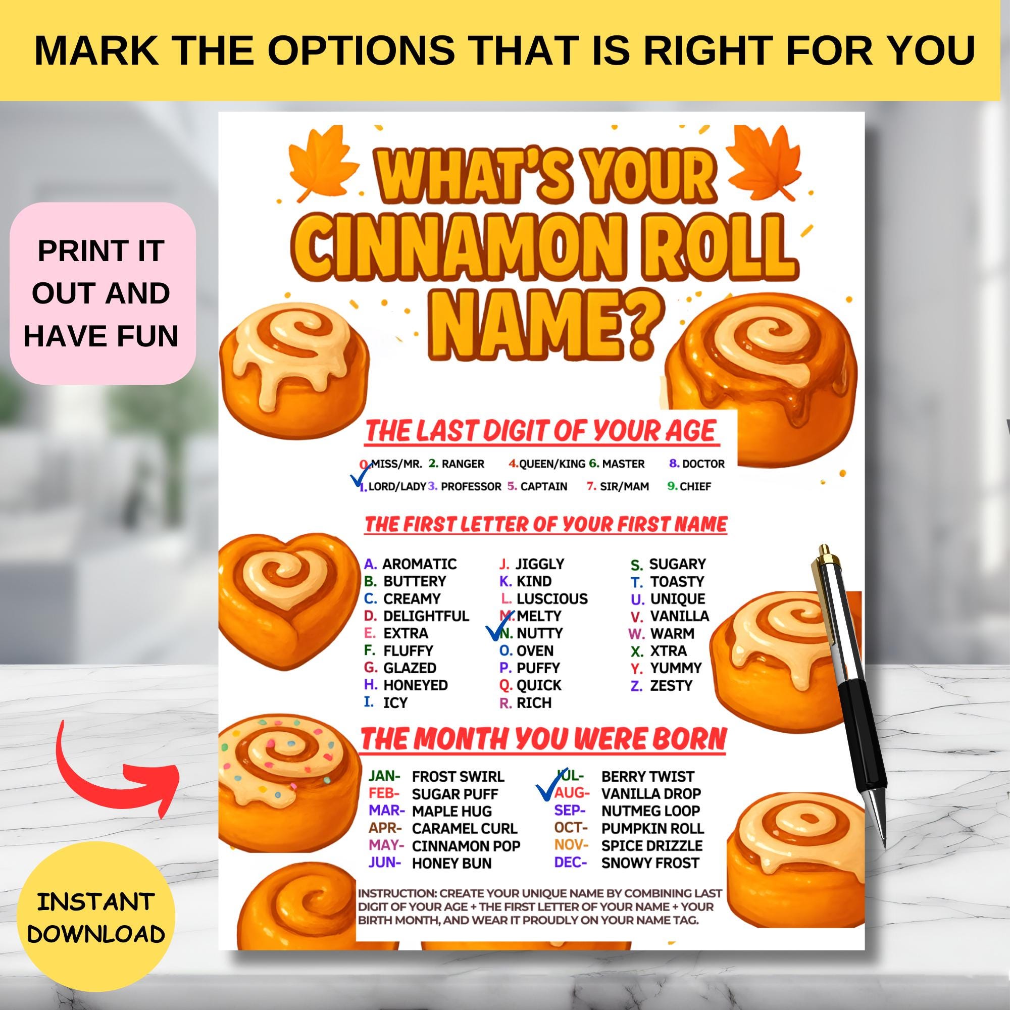 What's Your Cinnamon Roll Name Game With Nametags & Sign,fall Birthday ...