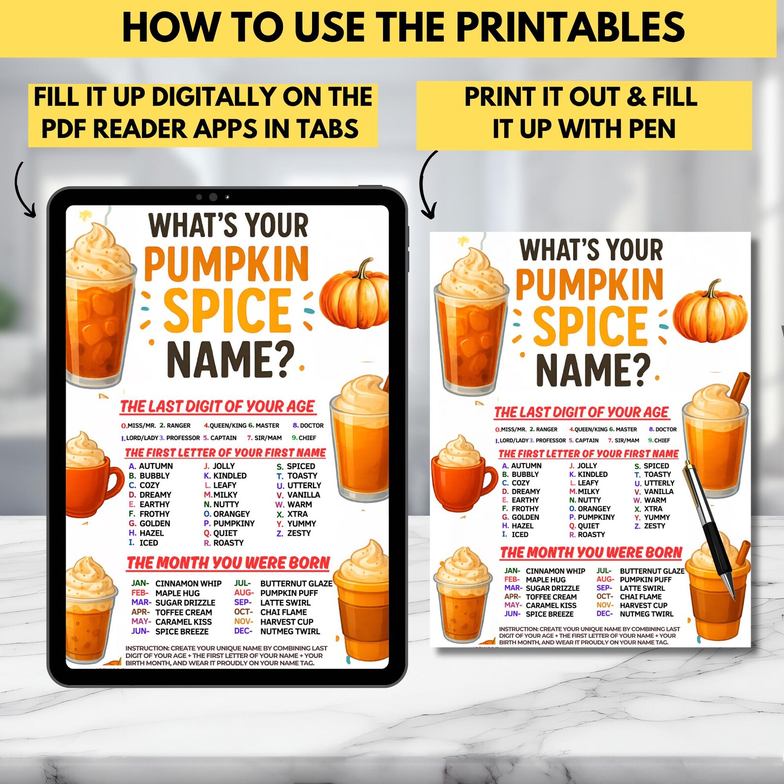 What's Your Pumpkin Spice Name Game With Nametags,halloween Party Game ...