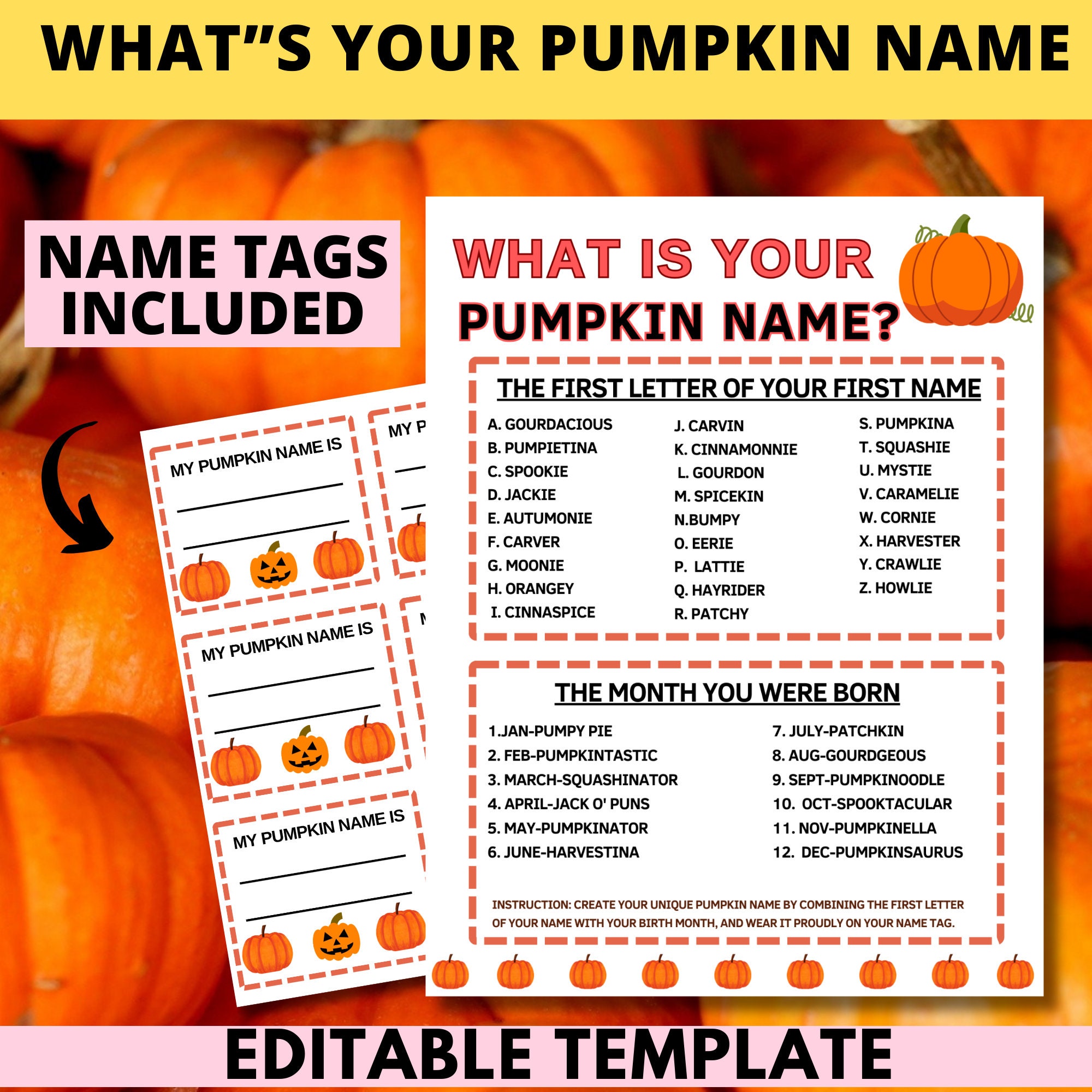 What's Your Pumpkin Name Game With Nametags|halloween Party Game ...