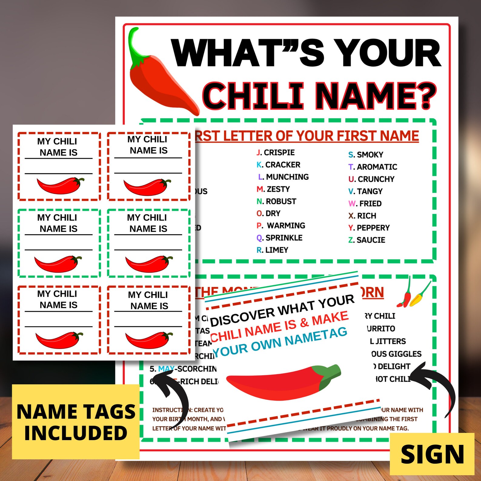What's Your Chili Name Game With Nametags & Sign,christmas+birthday ...