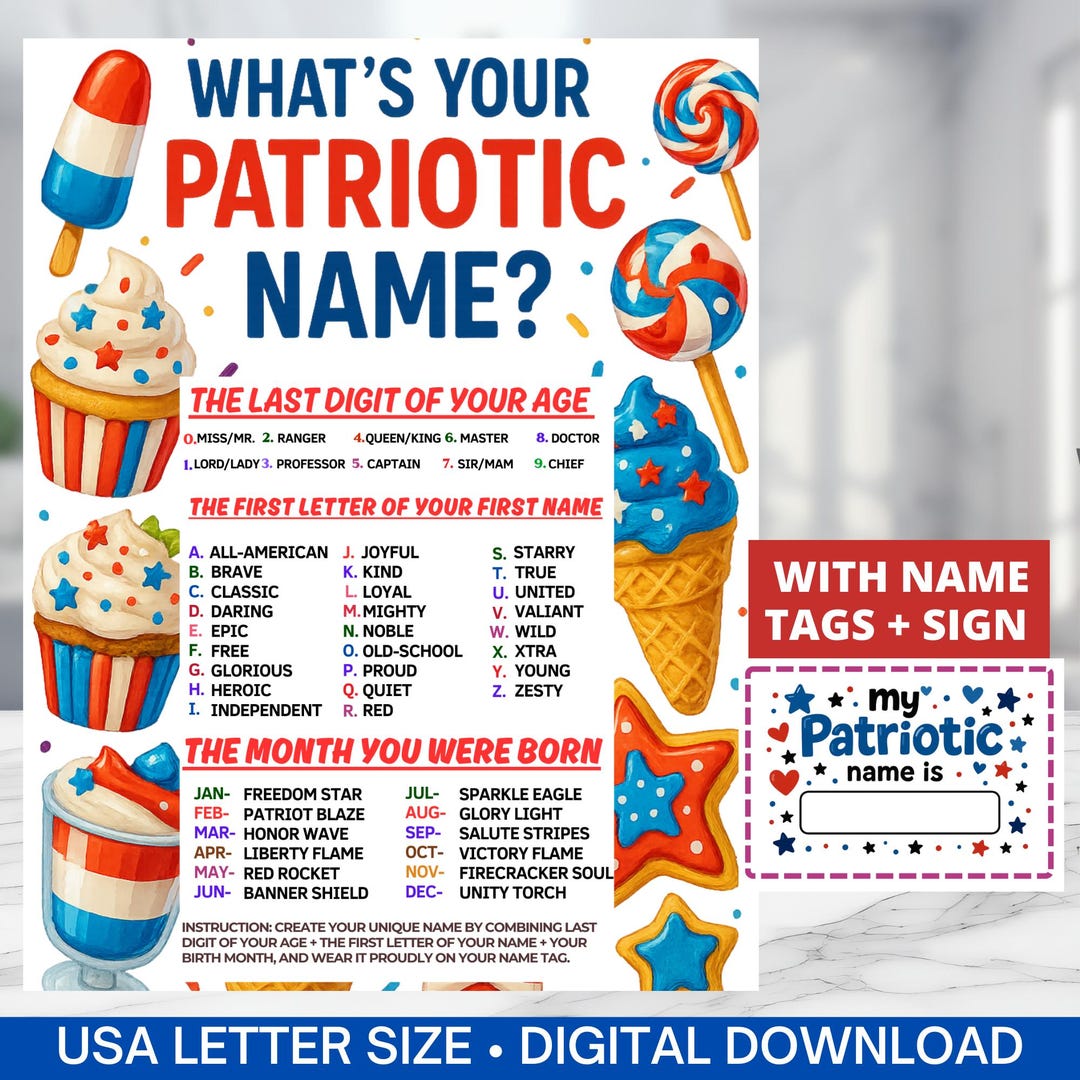 What's Your Patriotic Name Game With Nametags & Sign,4th of July Party ...