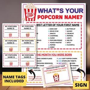 What's Your Popcorn Name Game With Name Tags & Sign|birthday Party ...