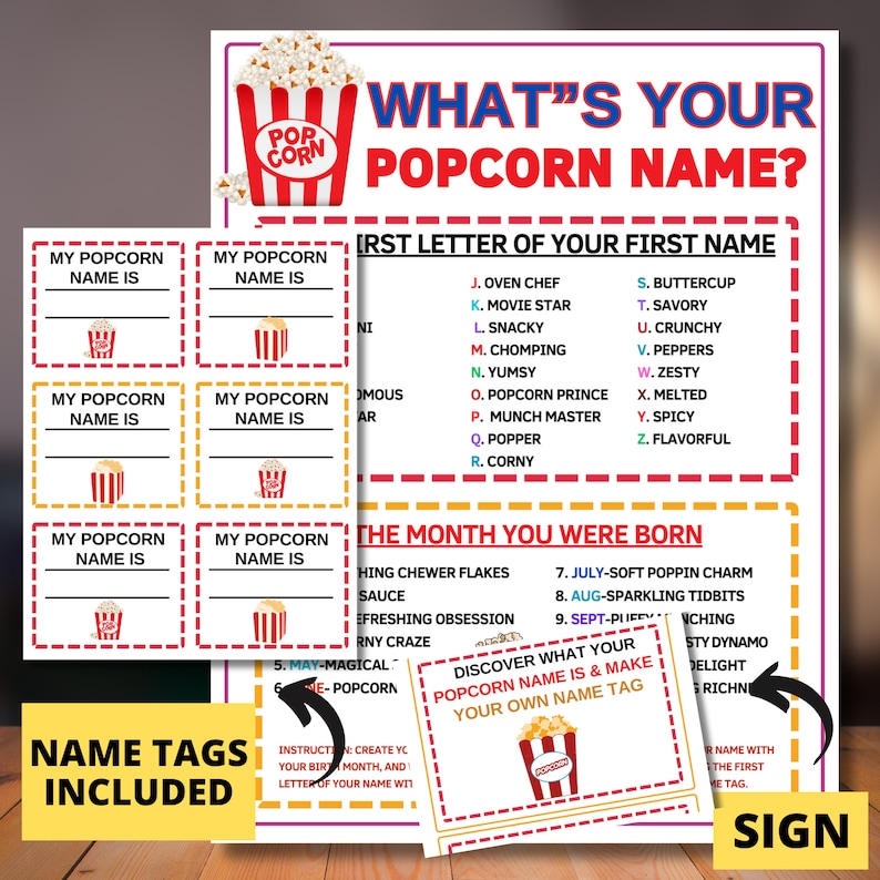 What's Your Popcorn Name Game With Name Tags & Sign|birthday Party ...