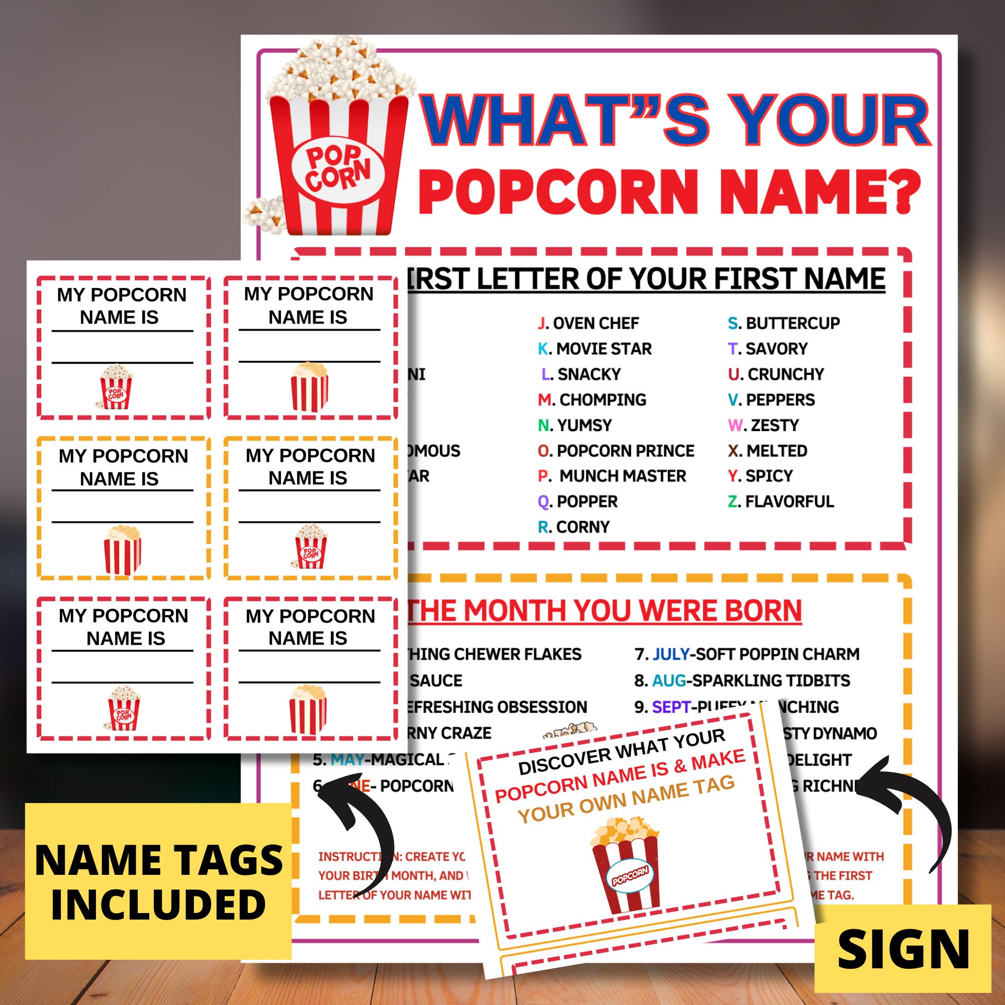 What's Your Popcorn Name Game With Name Tags & Sign|birthday Party ...