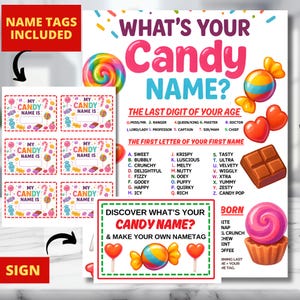 What's Your Candy Name Game With Nametags & Sign,birthday Party Game ...